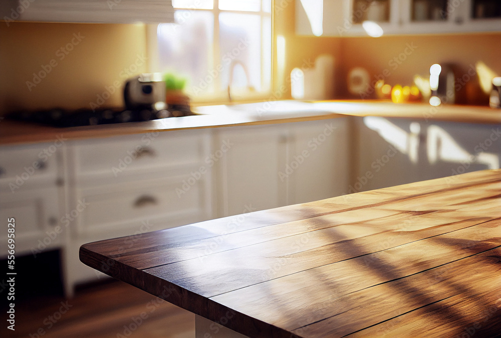Wooden table surface in an Italian-style kitchen full of sunshine ...