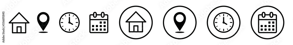 Vetor de Time or clock, date or calendar, pin map, and address icon ...