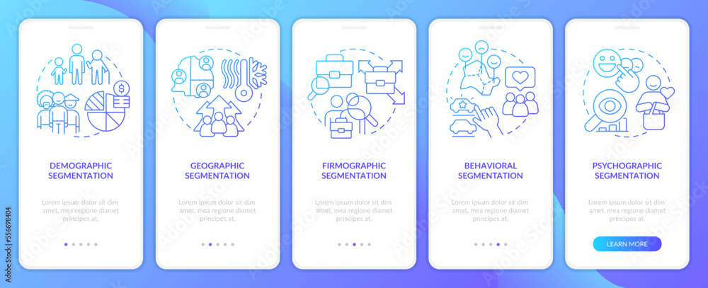 Type of market segmentation blue gradient onboarding mobile app screen. Walkthrough 5 steps ...