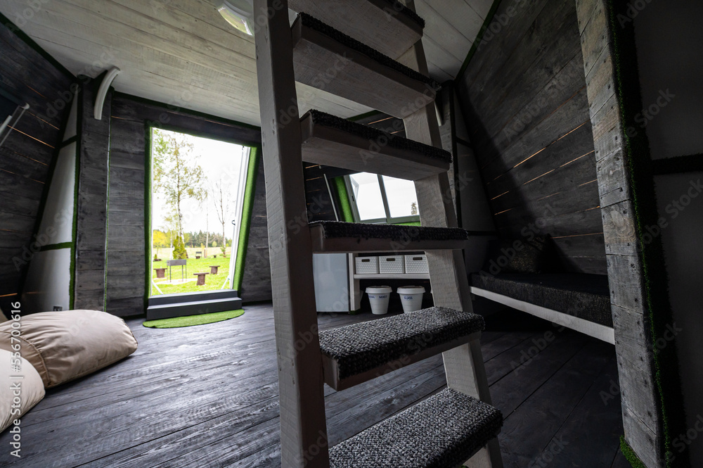 Wooden interior design. Living room of summer house. Pyramid shape ...