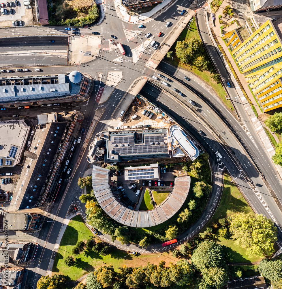 Aerial view directly above semi circle apartment buildings in Leeds ...