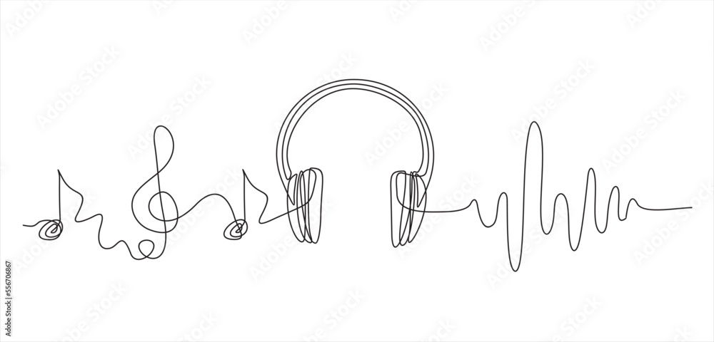 One line headphones. Continuous drawing of music gadget and note. Audio ...