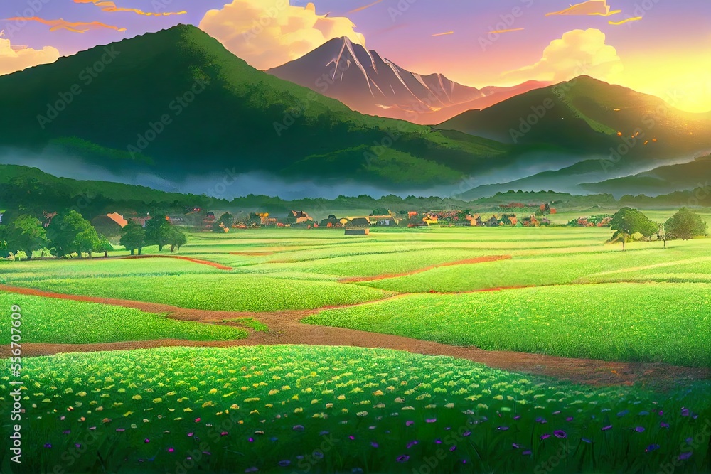 Field of grass in the mountains inspired bu manga anime studio ghibli ...
