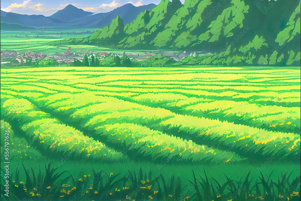 Field of grass in the mountains inspired bu manga anime studio ghibli ...