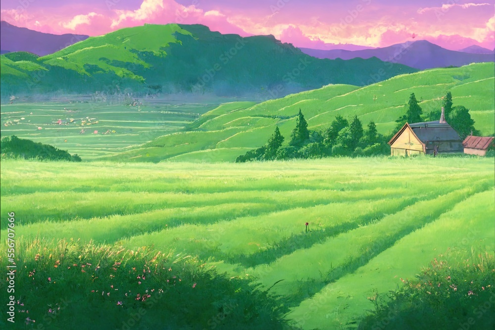 Field of grass in the mountains inspired bu manga anime studio ghibli ...