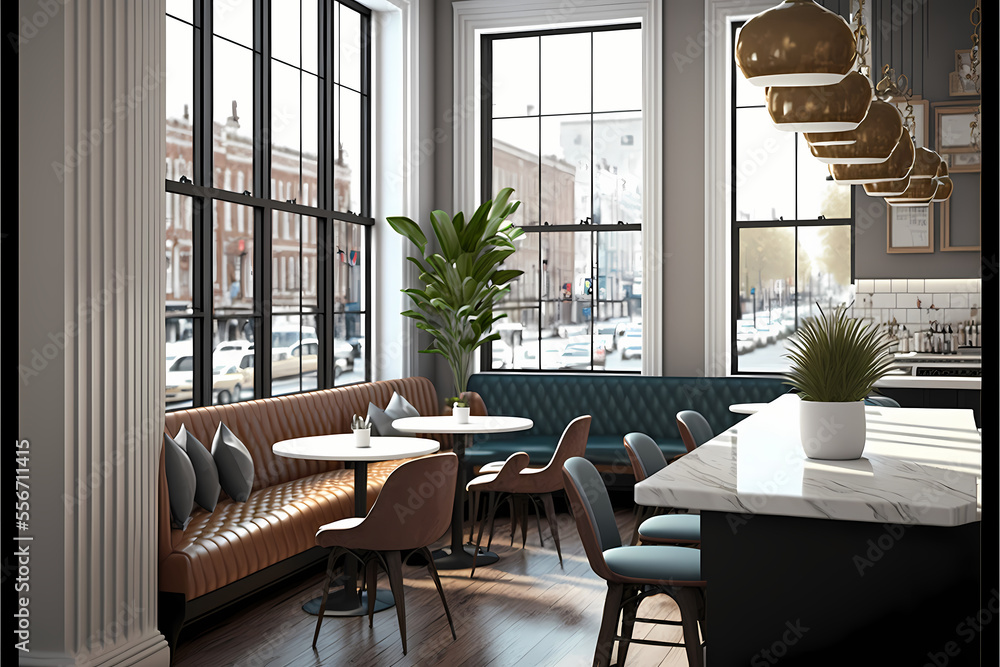 modern, urban cafe, sleek, stylish building, contemporary design, large ...