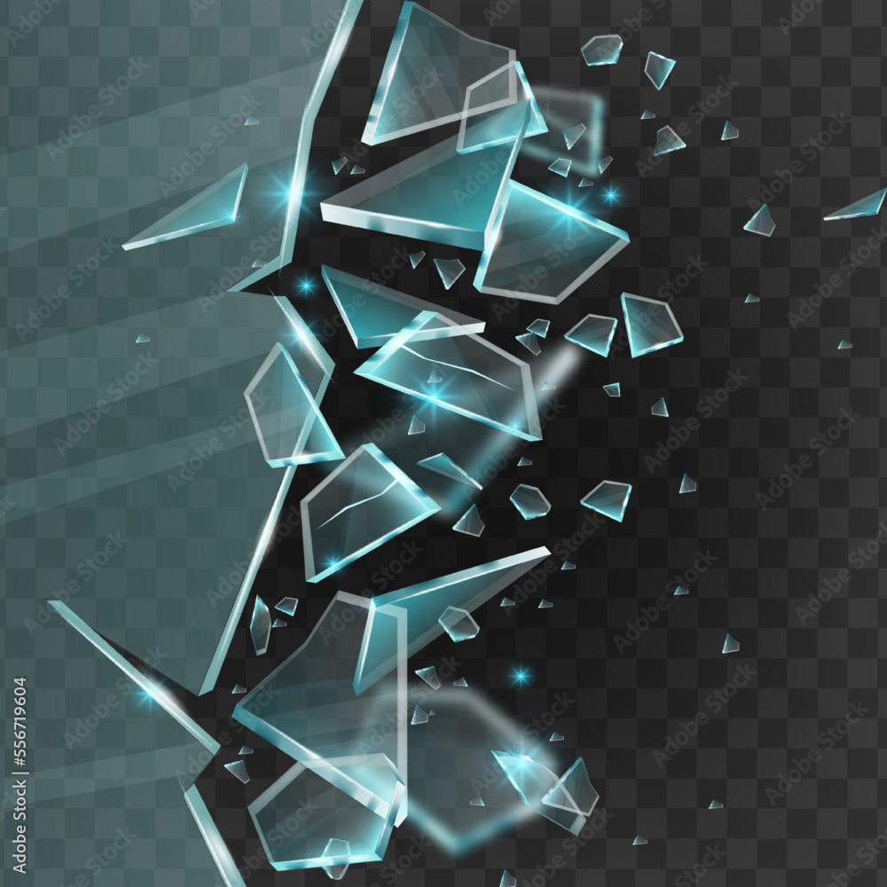 Broken glass shatter explosion, vector 3D splinters, sharp ice ...