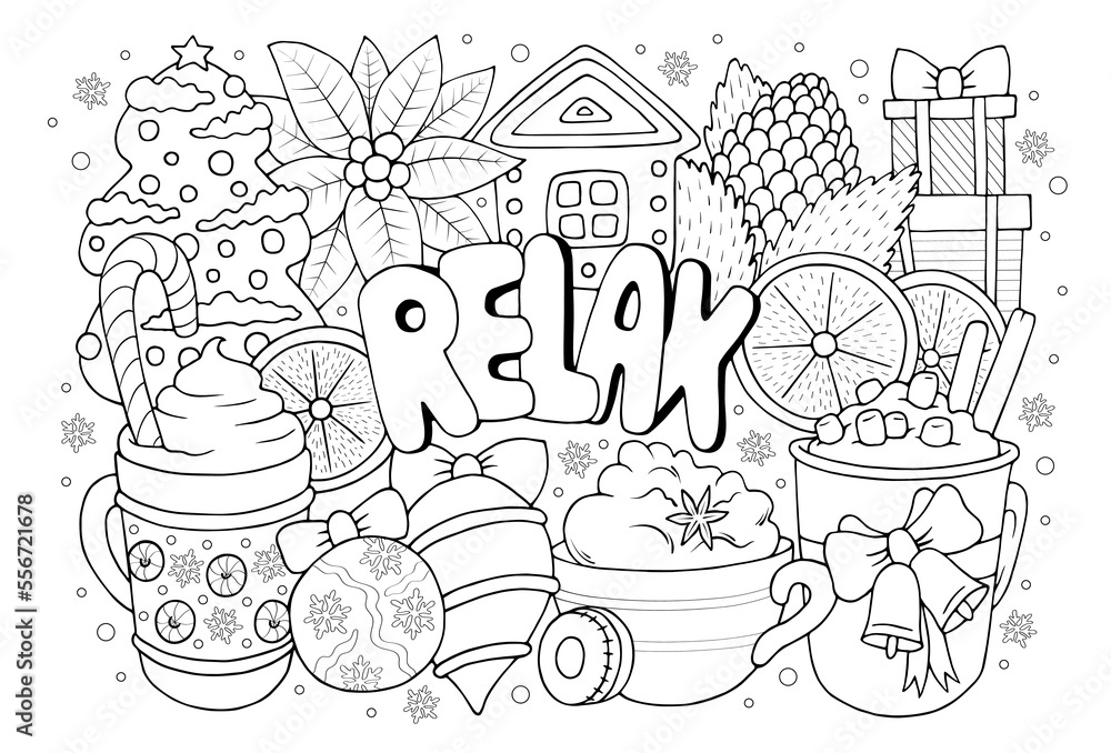 Relax hand drawn coloring page with winter holiday objects for kids and ...