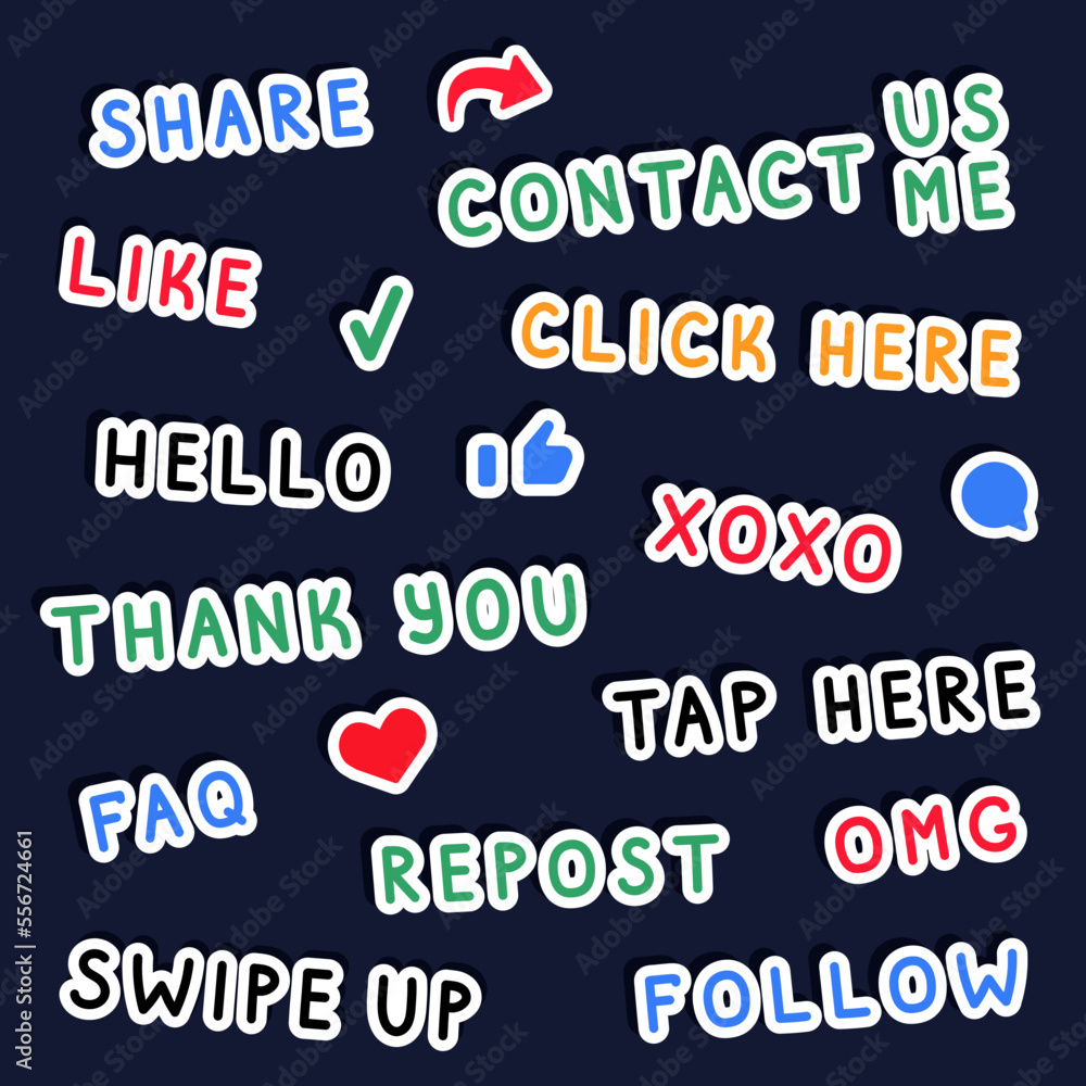 Colorful cute stickers with tags for social media - like, share, follow ...
