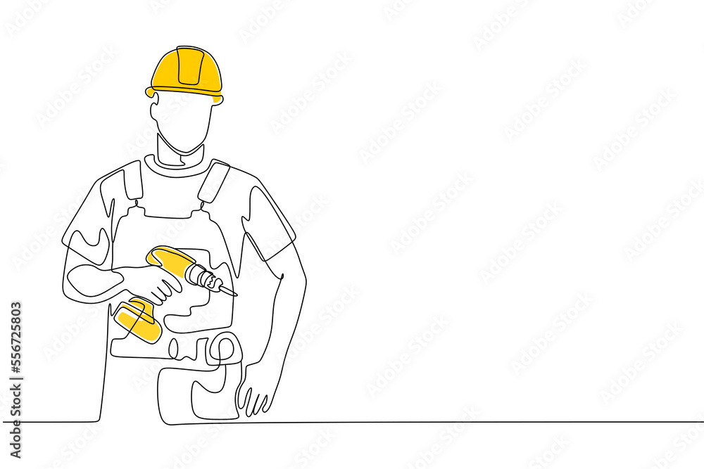 Builder man holding drill and wearing helmet. One continuous line art ...