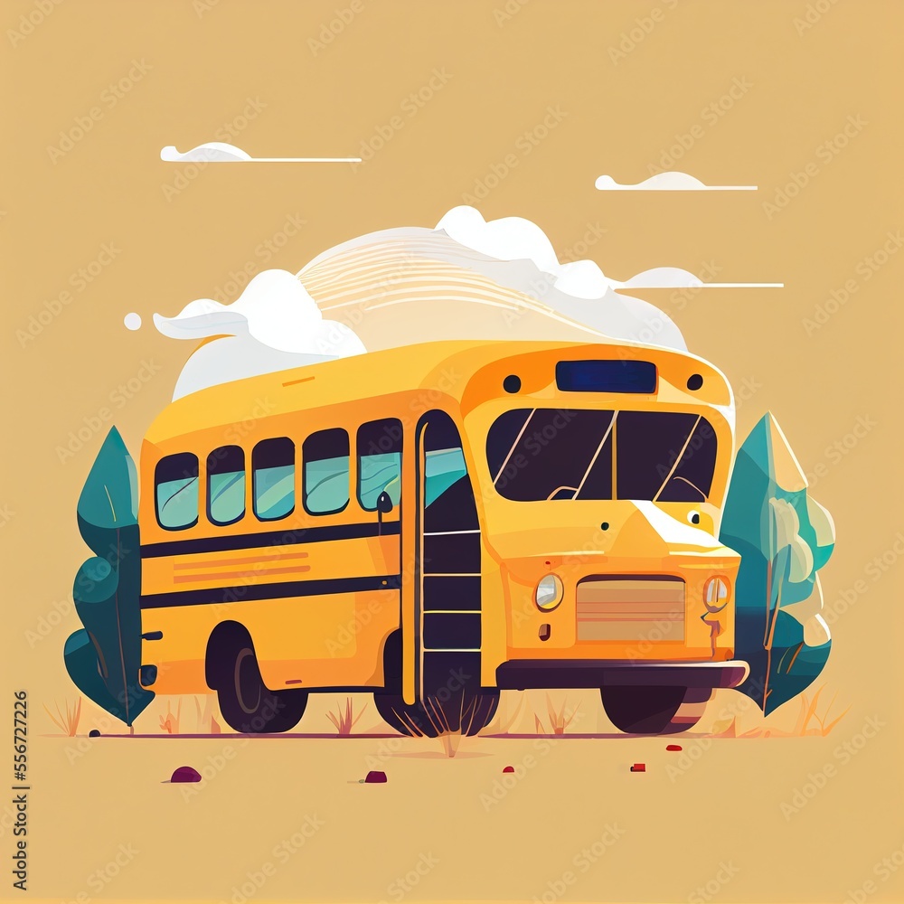 Cute school bus, flat vector style, CMYK pastel colors, illustration ...