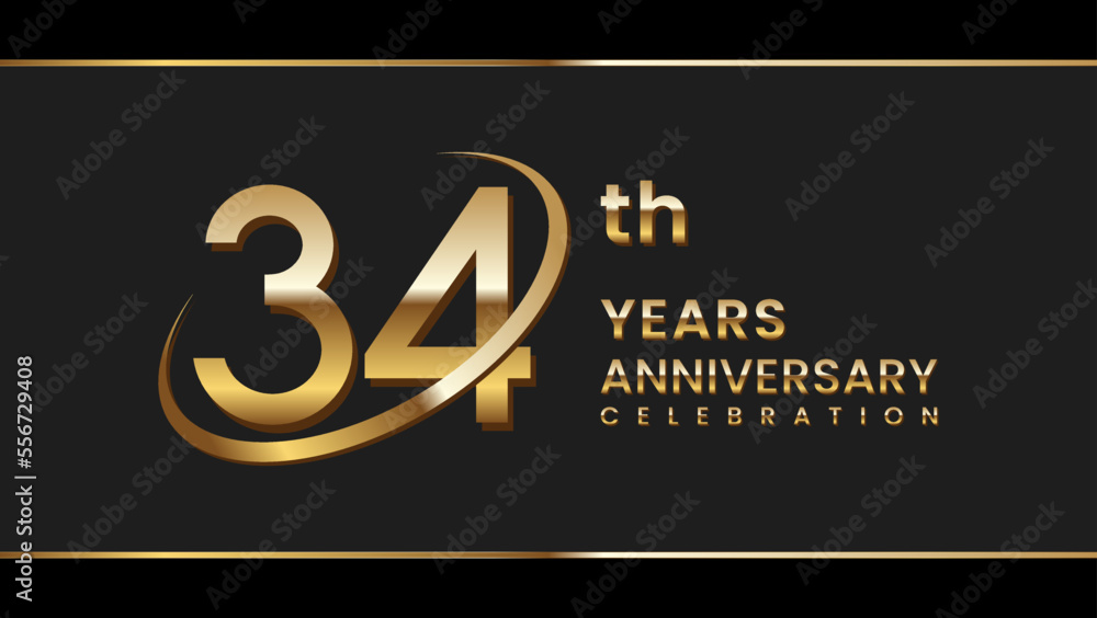 34th anniversary logo design with gold color ring and text. Logo Vector ...