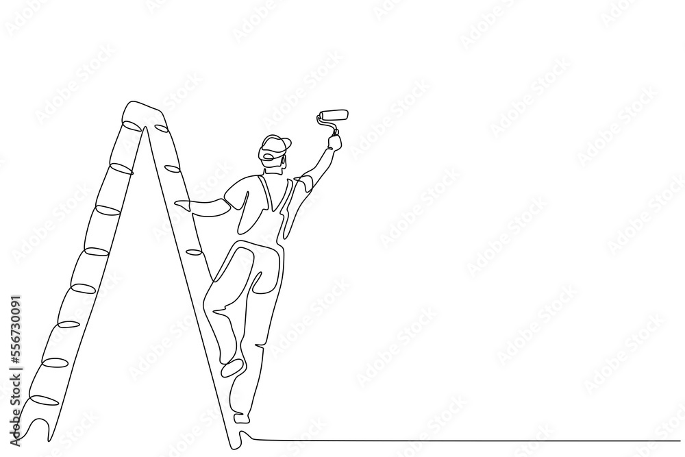 Continuous one line drawing of young handyman painting the wall using ...