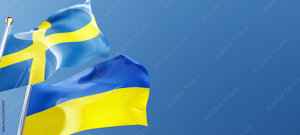 sweden and ukraine flags waving in the wind against a blue sky mockup ...