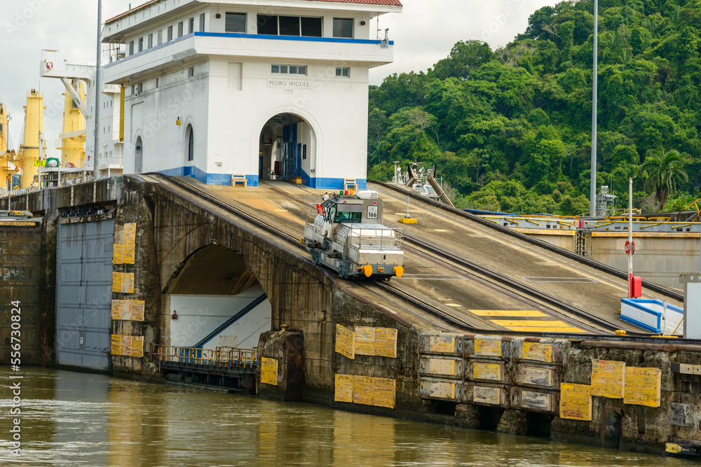Panama canal mule at the Pedro Miguel locks on the Panama canal. Stock ...