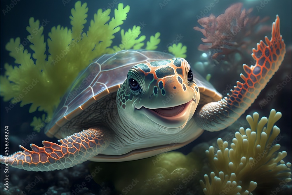 Smiling funny red sea turtle swims in the underwater background.Cute ...