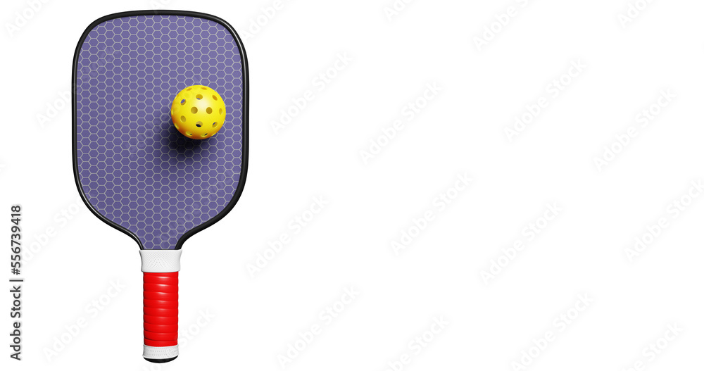 Racket paddle and plastic ball with holes for playing pickleball on a ...