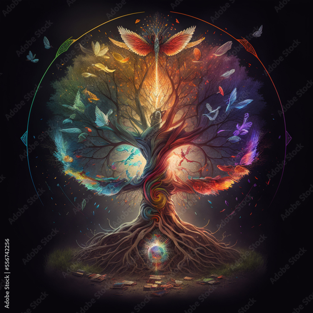 The World Tree with chakras and butterflies, facilitation of meditation ...