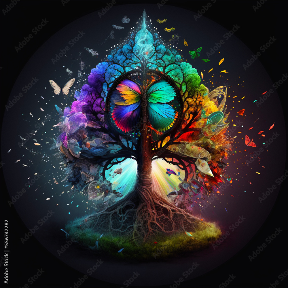The World Tree with chakras and butterflies, facilitation of meditation ...