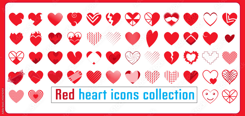 Red heart icons collection. Different styles of hearts set. Red heart ...