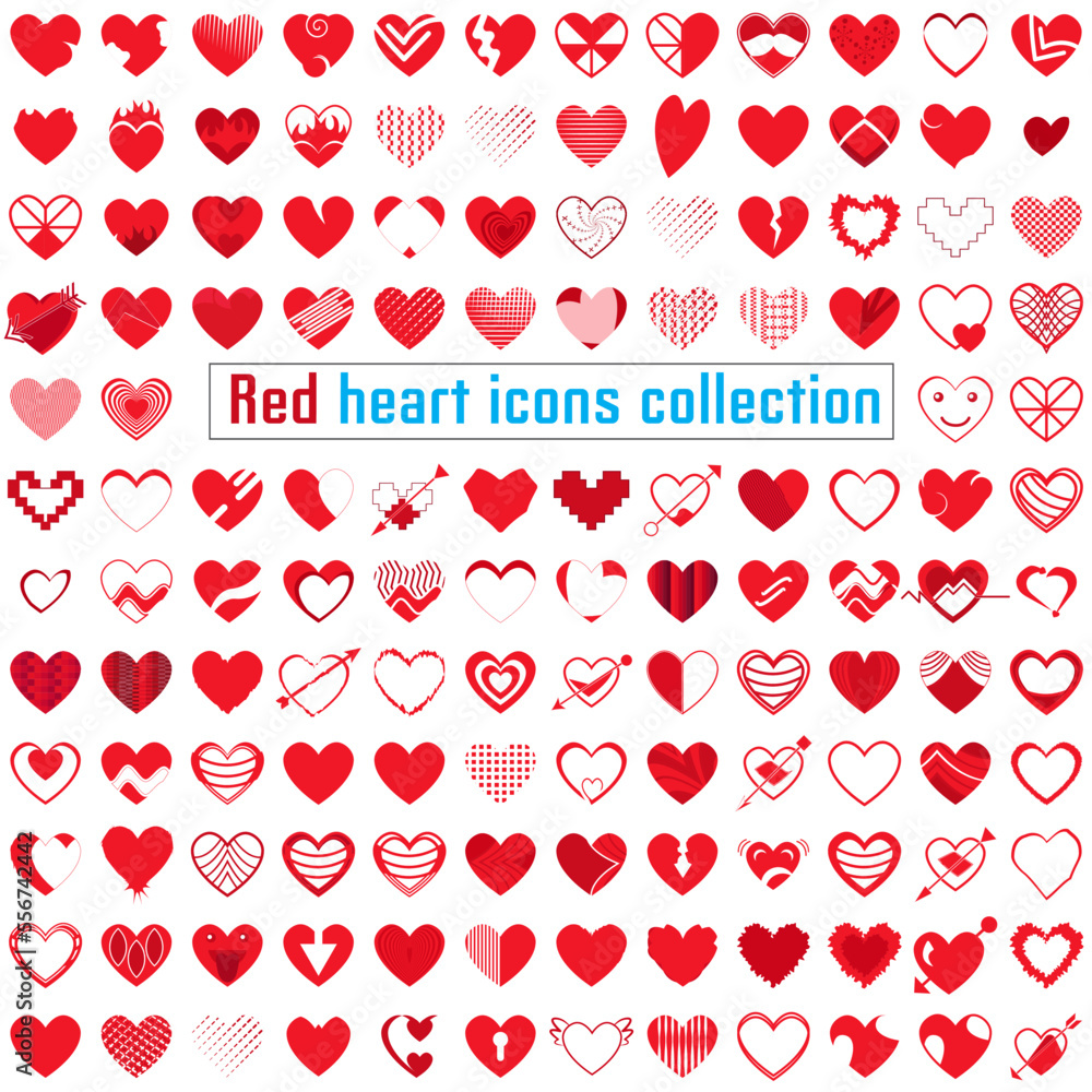 Red heart icons collection. Different styles of hearts set. Red heart ...