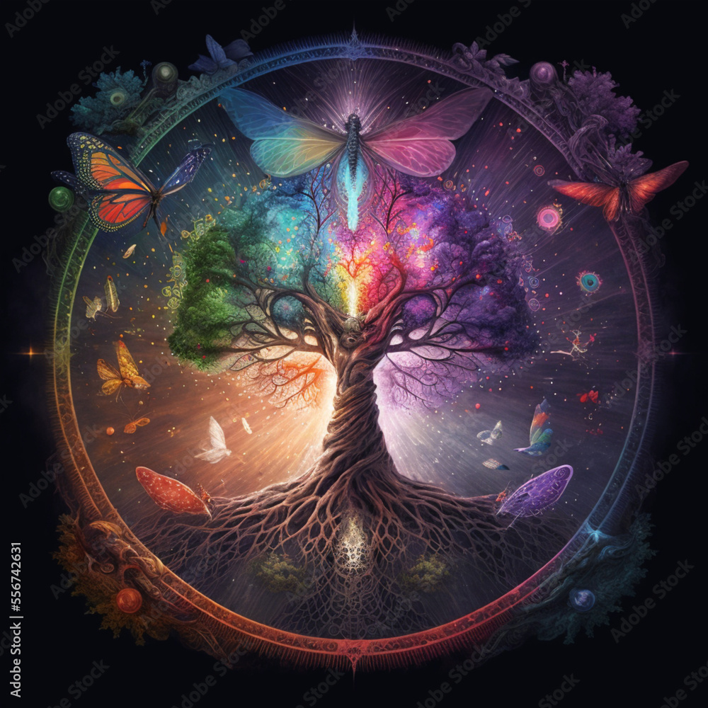 The World Tree with chakras and butterflies, facilitation of meditation ...