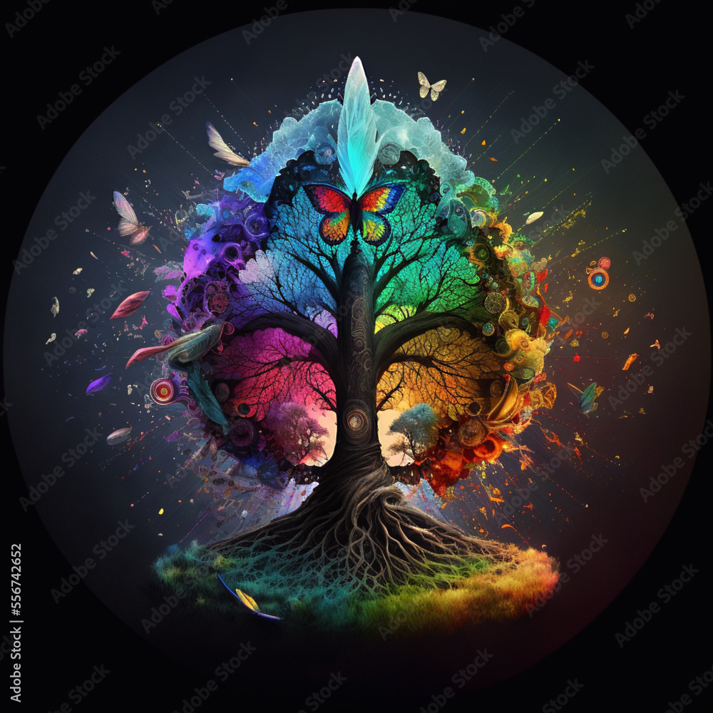 The World Tree with chakras and butterflies, facilitation of meditation ...