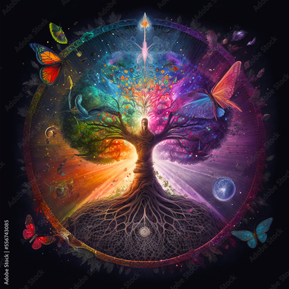 The World Tree with chakras and butterflies, facilitation of meditation ...