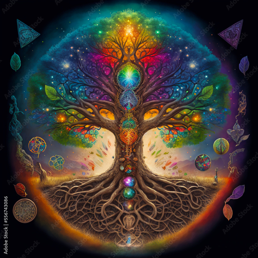 The World Tree with chakras and butterflies, facilitation of meditation ...