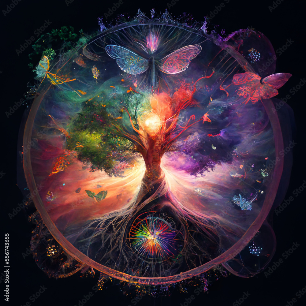 The World Tree with chakras and butterflies, facilitation of meditation ...
