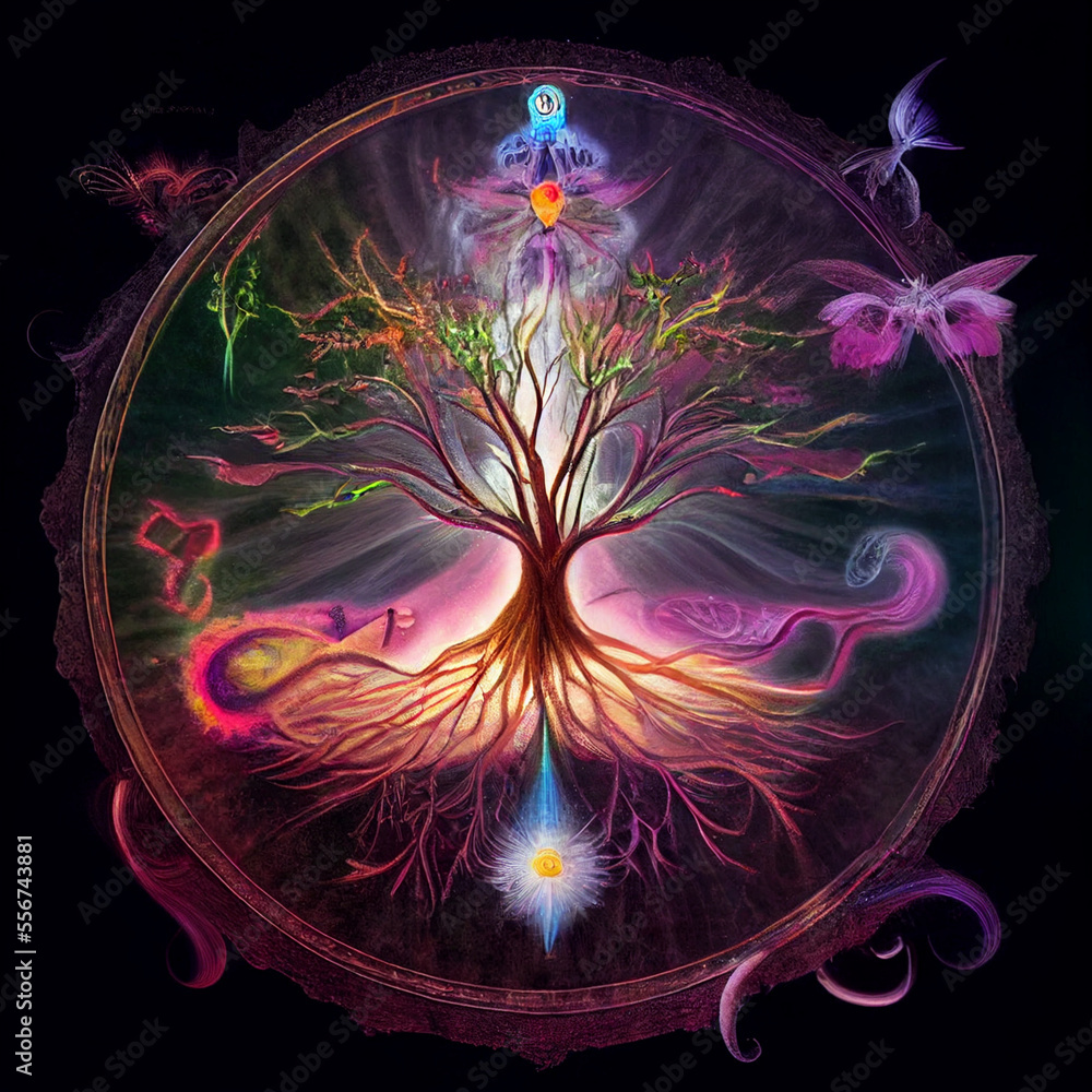 The World Tree with chakras and butterflies, facilitation of meditation ...
