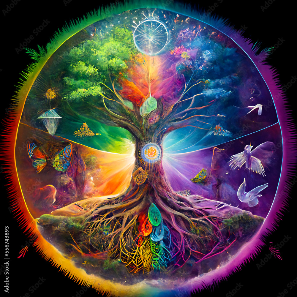 The World Tree with chakras and butterflies, facilitation of meditation ...