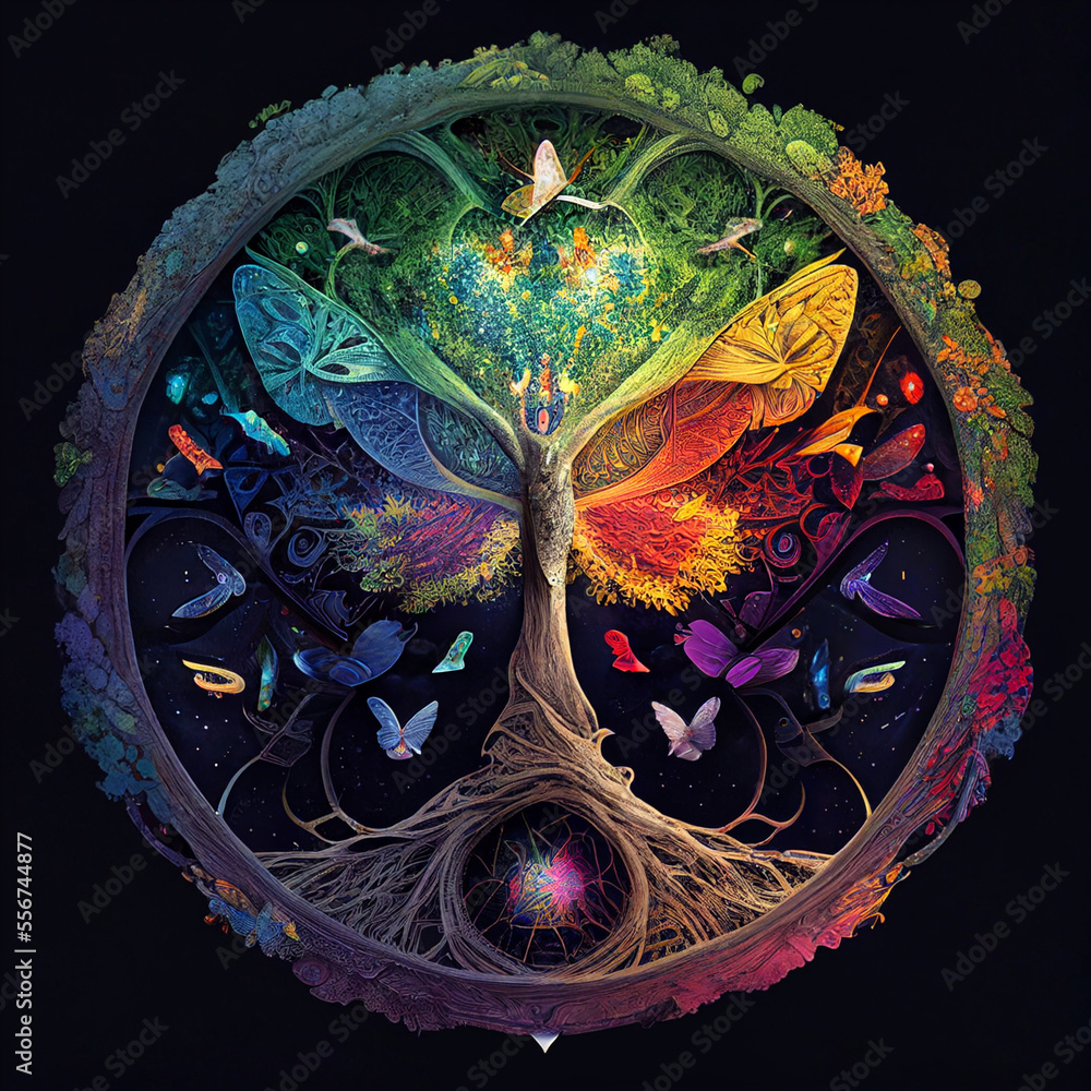 The World Tree with chakras and butterflies, facilitation of meditation ...