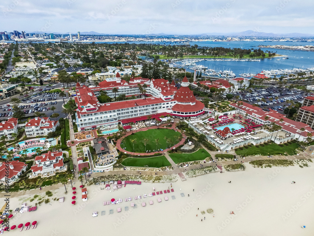 Aerial view of the iconic Hotel del Coronado and the Coronado Beach ...