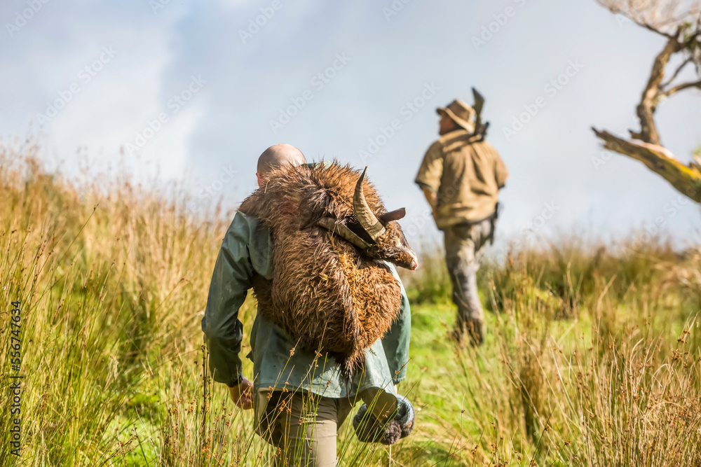 Men hunting from the Blue Duck Lodge, one man carrying goat kill on his ...