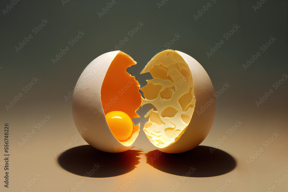 raw egg tear into half with yolk and albumin. Generative Ai Stock ...