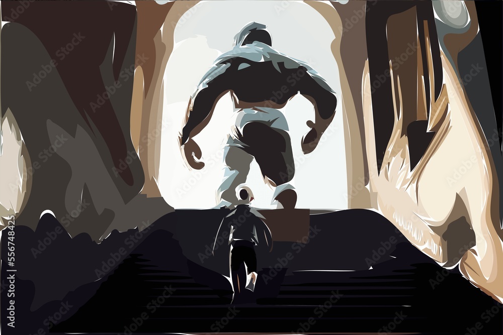 adventure boy running on steps to the giant statue Abstract Digital ...