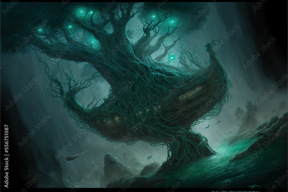 Giant Tree growing out of pirate ship fantasy concept art illustration ...