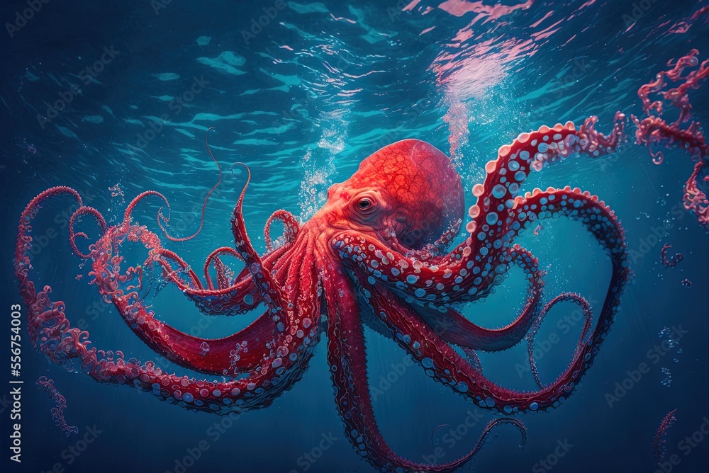 Tentacles of a scarlet octopus in a splashing sea; the backdrop is blue ...