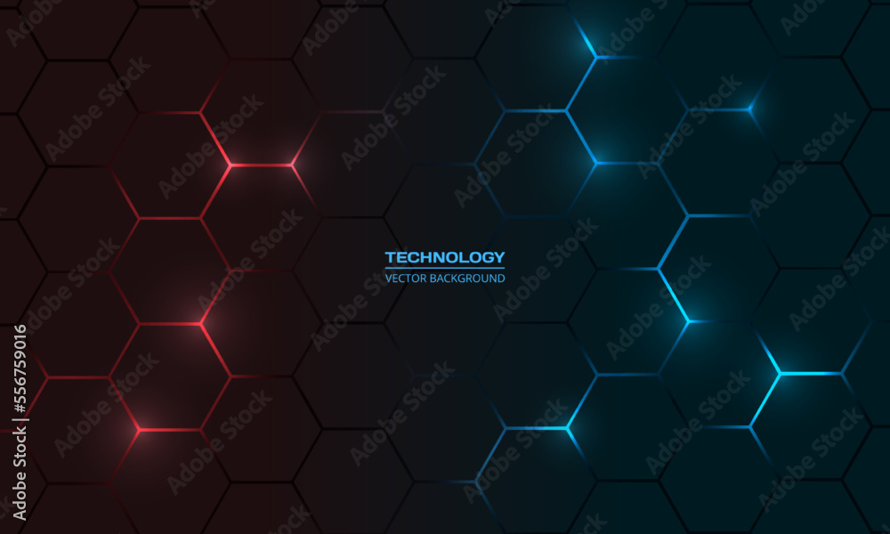 Dark red and blue hexagon abstract technology background with red and ...