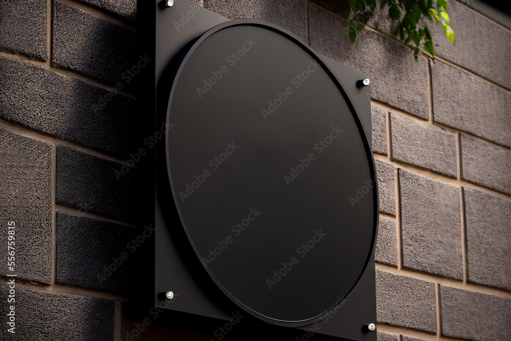 Blank round black signboard on the wall outdoor, mock up for logo ...