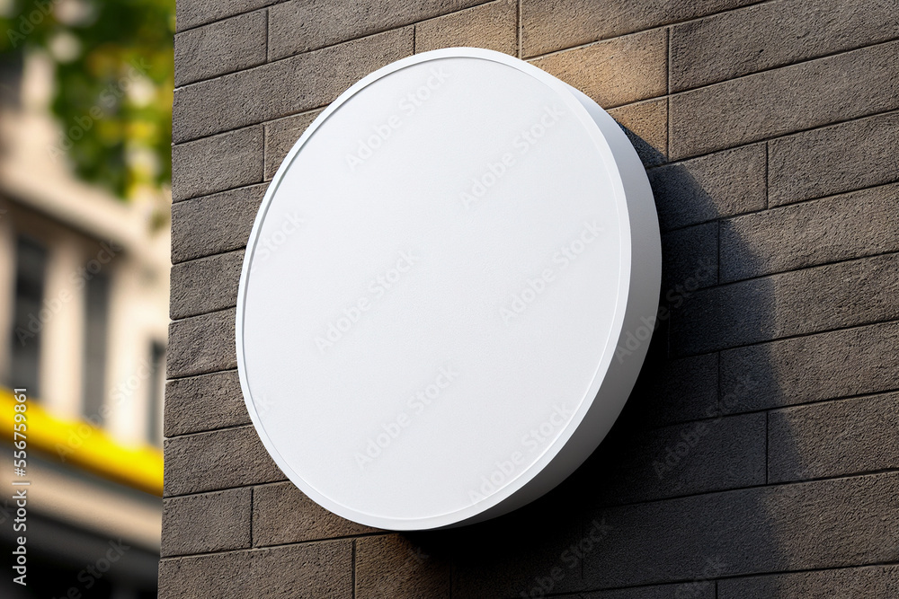 Blank round white signboard on the wall outdoor, mock up for logo ...