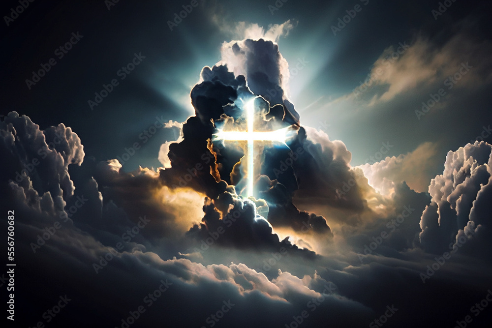 Holy Cross of Jesus Christ shining through the sky and clouds ...