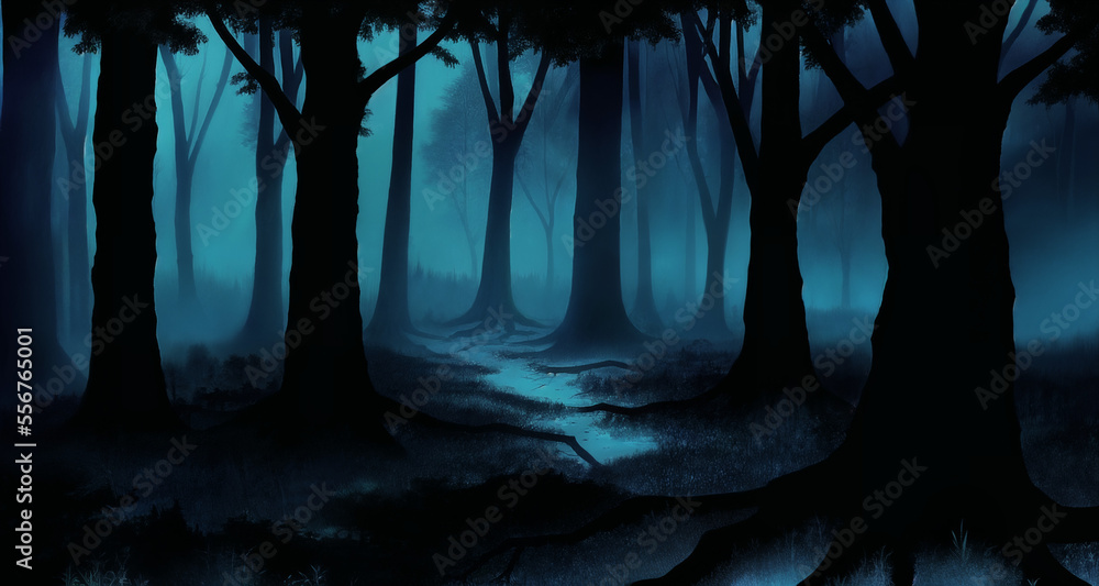 In the depths of a creepy dark forest. Black trunks and tree roots in a ...