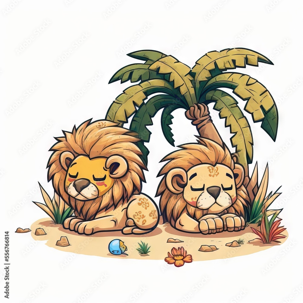 two lions sitting under a palm tree on a beach with a ball in its mouth ...
