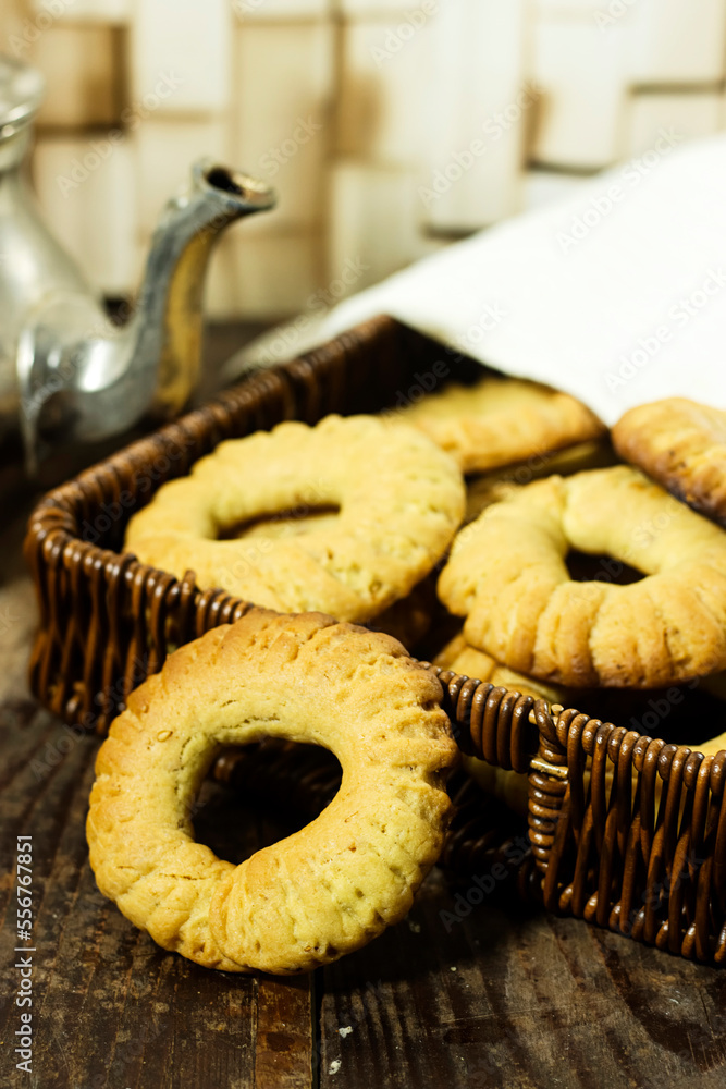 Traditional festive Algerian Kaak dry cookies ring named " kaak of ...