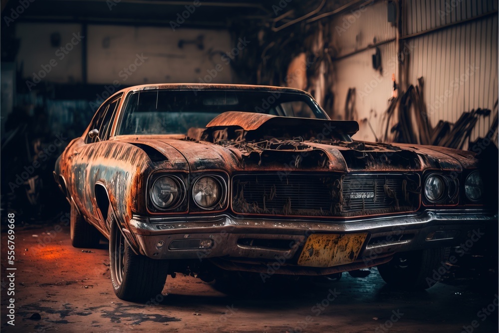 a rusted out car in a garage with a lot of junk on the floor and a ...