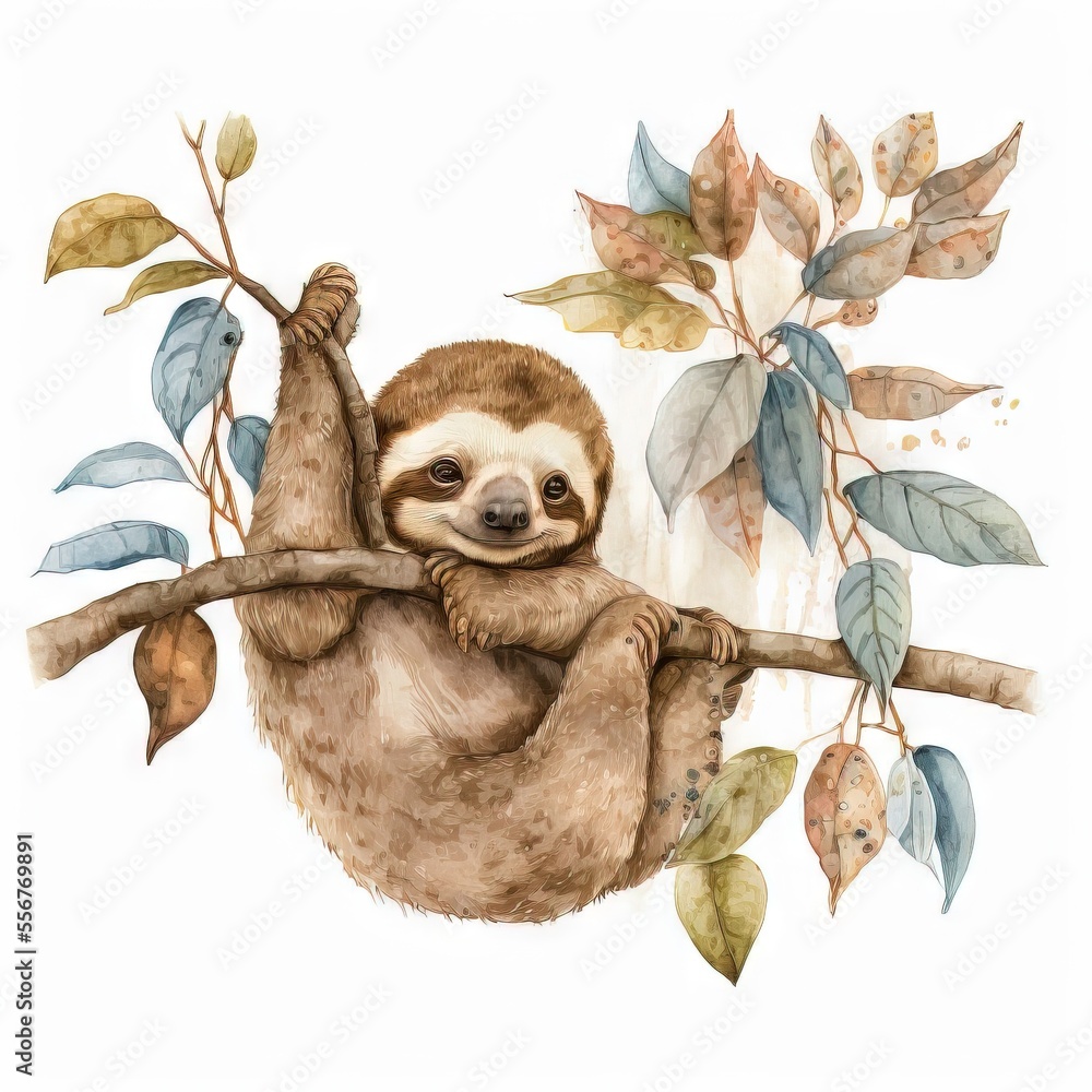 a watercolor painting of a sloth hanging on a branch with leaves and ...