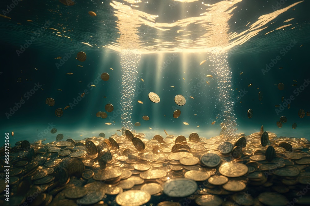 Illustration of gold coins falling to deep sea floor with sunlight ray ...