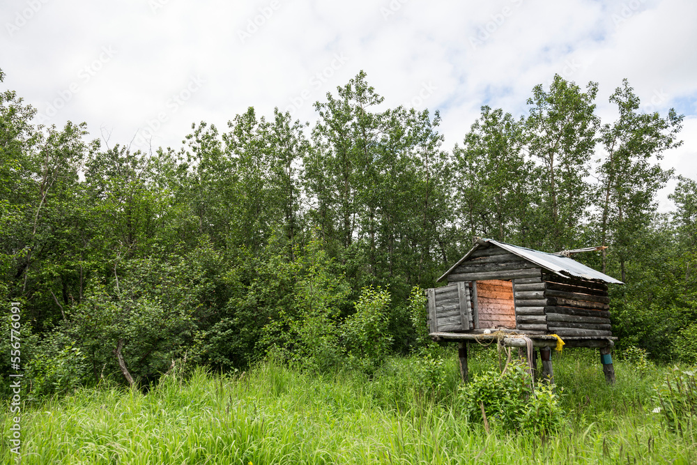Native Alaskan log cache with a light inside of it, at a remote fish ...
